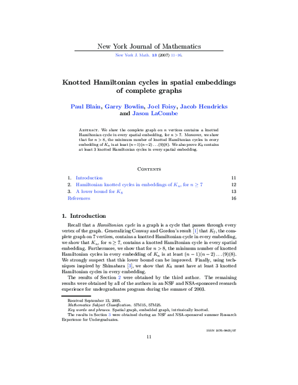 (PDF) Knotted Hamiltonian cycles in spatial embeddings of complete graphs