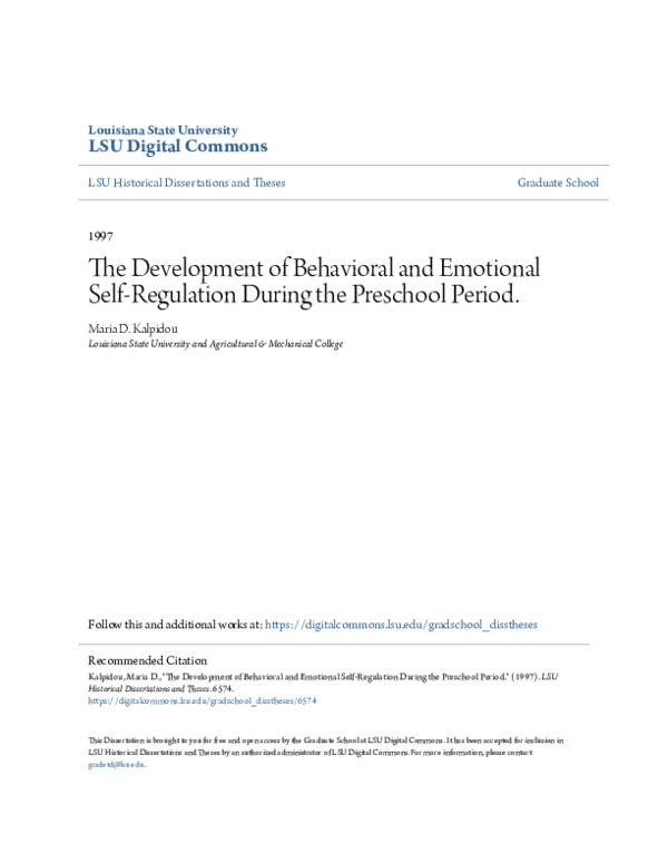 (PDF) The Development of Behavioral and Emotional Self-Regulation ...