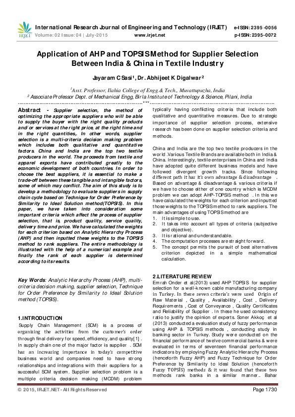 Pdf Application Of Ahp And Topsis Method For Supplier Selection