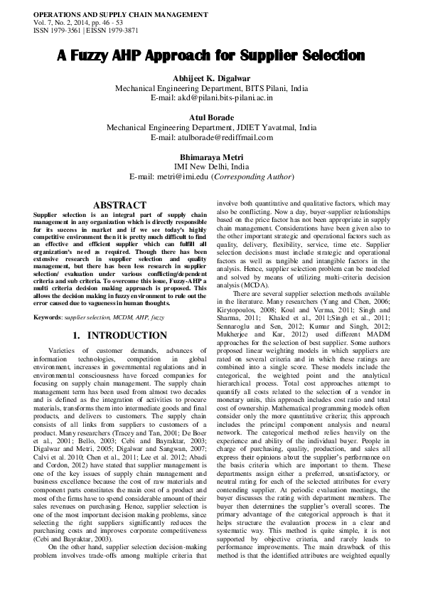 Pdf A Fuzzy Ahp Approach For Supplier Selection