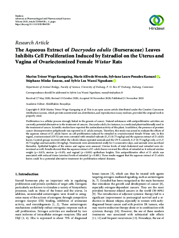 (PDF) Dacryodes edulis Extract Reduces Estradiol-Induced Cell Growth