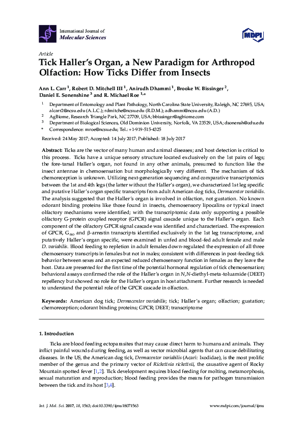 (PDF) Tick Haller's Organ, a New Paradigm for Arthropod Olfaction: How ...