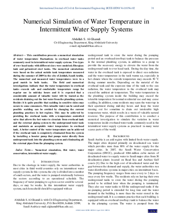 (PDF) Numerical Simulation of Water Temperature in Intermittent Water ...