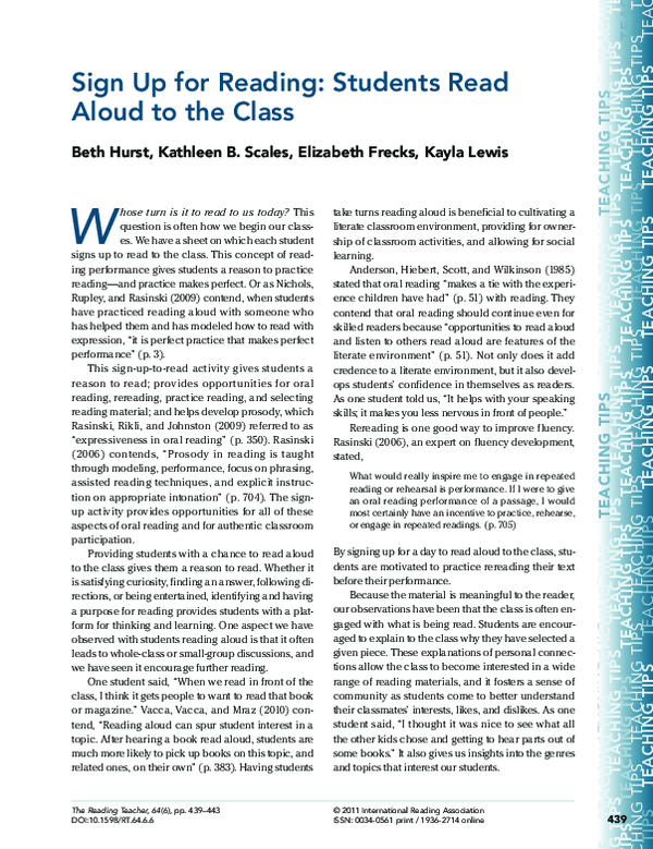 (PDF) Sign Up for Reading: Students Read Aloud to the Class