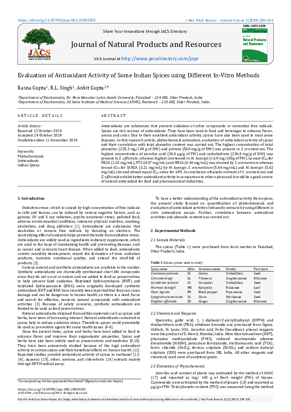 (PDF) Evaluation of Antioxidant Activity of Some Indian Spices using ...