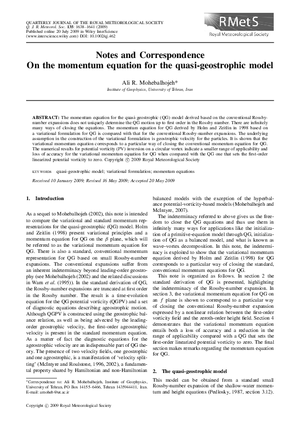 (PDF) On the momentum equation for the quasi-geostrophic model