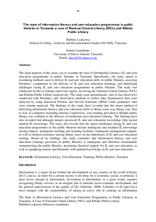 (PDF) The state of information literacy and user education programmes ...