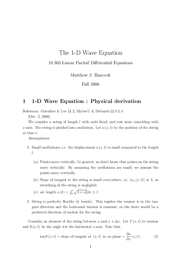 (PDF) The 1-D Wave Equation 18 . 303 Linear Partial Differential Equations