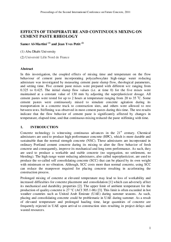 (PDF) Effects of temperature and continuous mixing on cement paste rheology