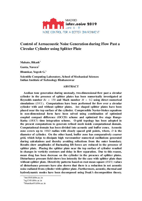 (PDF) Control of Aeroacoustic Noise Generation during Flow Past a Circular Cylinder using ...