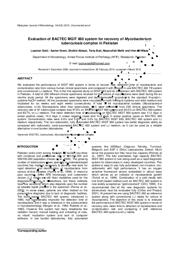 (PDF) Evaluation of the BACTEC MGIT 960 System for Recovery of ...