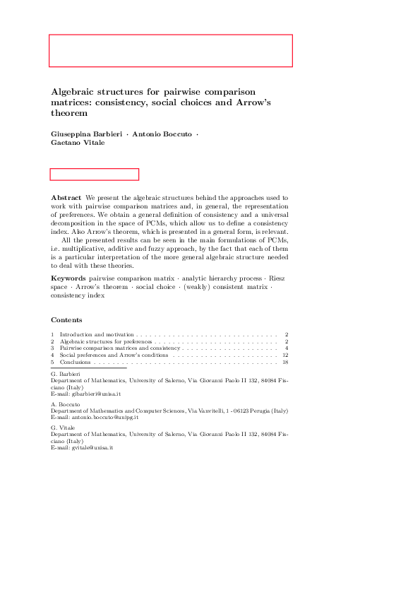 (PDF) Algebraic structures for pairwise comparison matrices: Consistency, social choices and ...