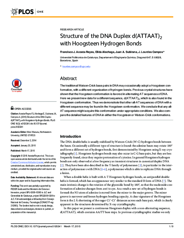 (PDF) Structure of the DNA Duplex d(ATTAAT)2 with Hoogsteen Hydrogen Bonds