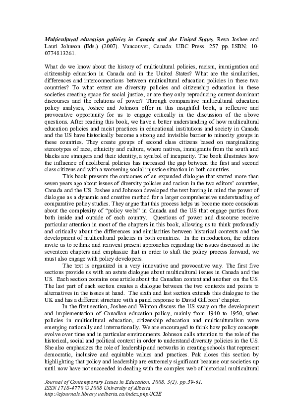(PDF) Multicultural Education Policies in Canada and the United States ...