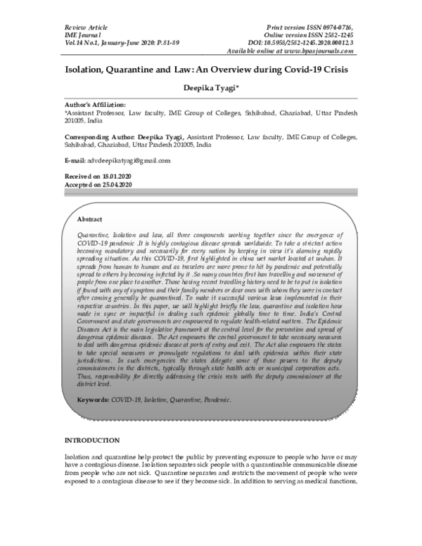 (PDF) Legal Aspects of Isolation and Quarantine in Covid-19