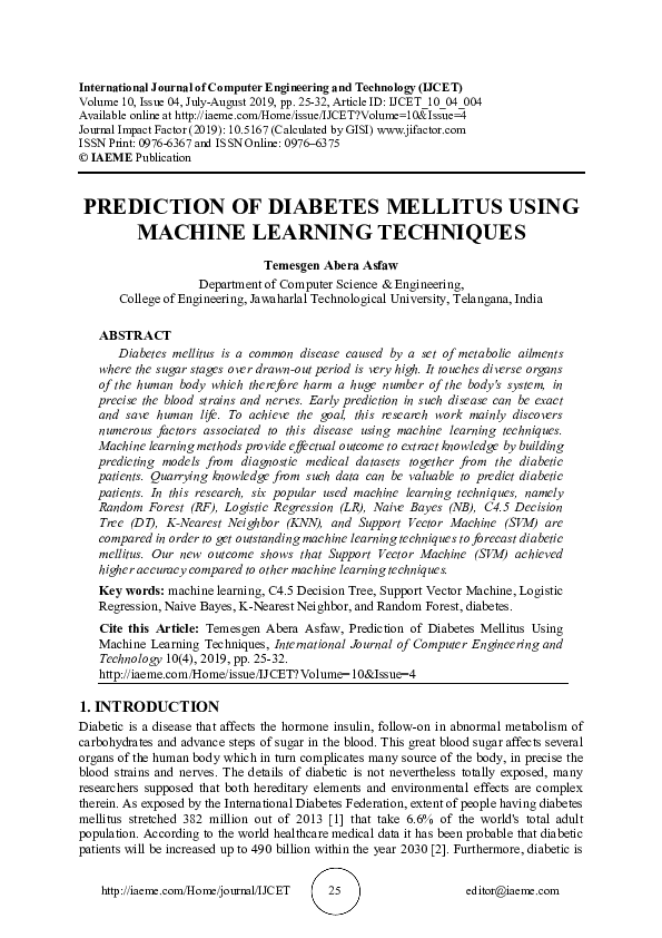 (PDF) Prediction of Diabetes Mellitus Using Machine Learning Techniques