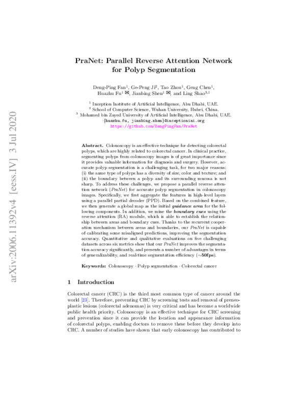 Pdf Pranet Parallel Reverse Attention Network For Polyp Segmentation