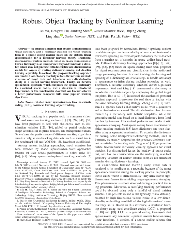 (PDF) Robust Object Tracking by Nonlinear Learning