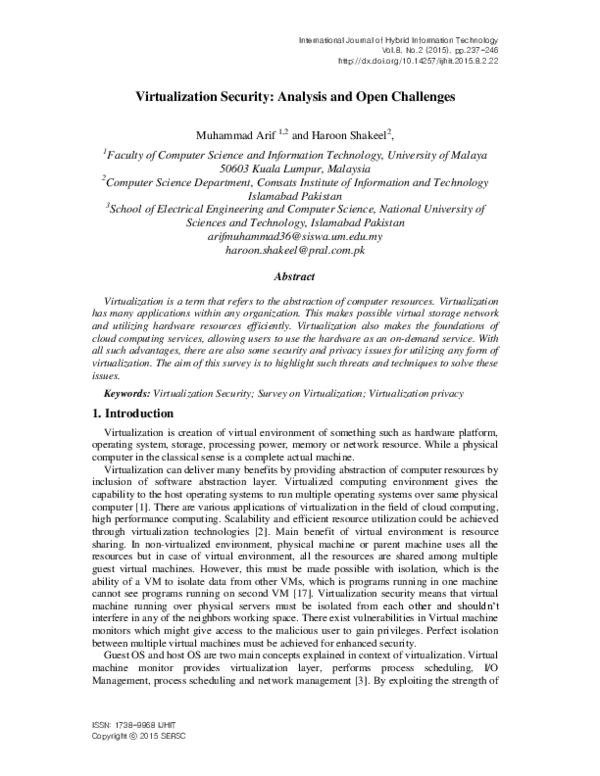 (PDF) Virtualization Security: Analysis and Open Challenges