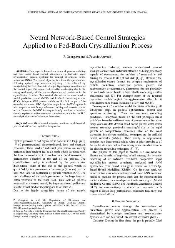 (PDF) Neural Network-Based Control Strategies Applied to a Fed-Batch Crystallization Process