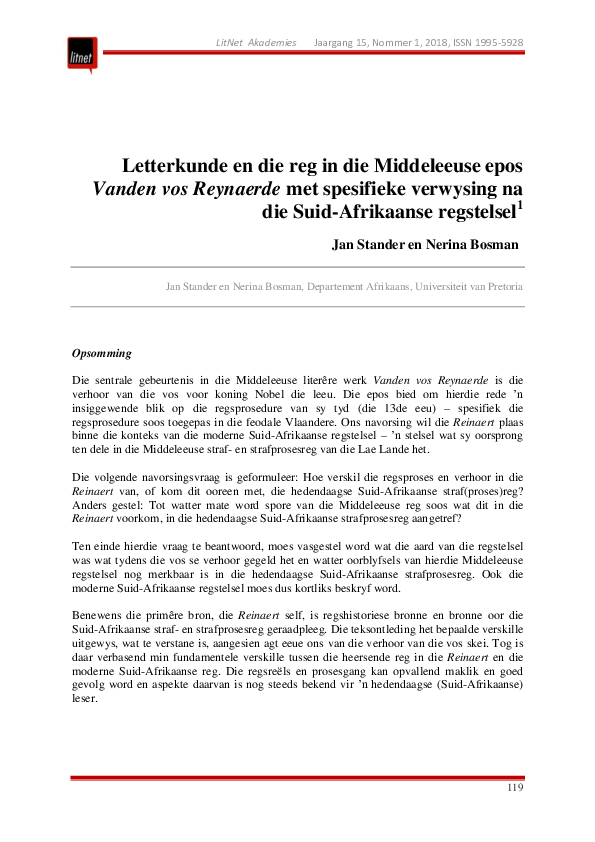 (PDF) Letterkunde en die reg in die middeleeuse epos Vanden vos ...