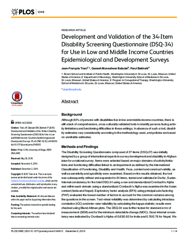 (PDF) Development and Validation of the 34-Item Disability Screening ...