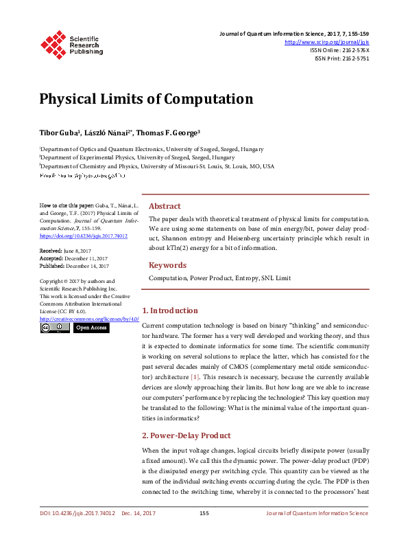 Pdf Physical Limits Of Computation