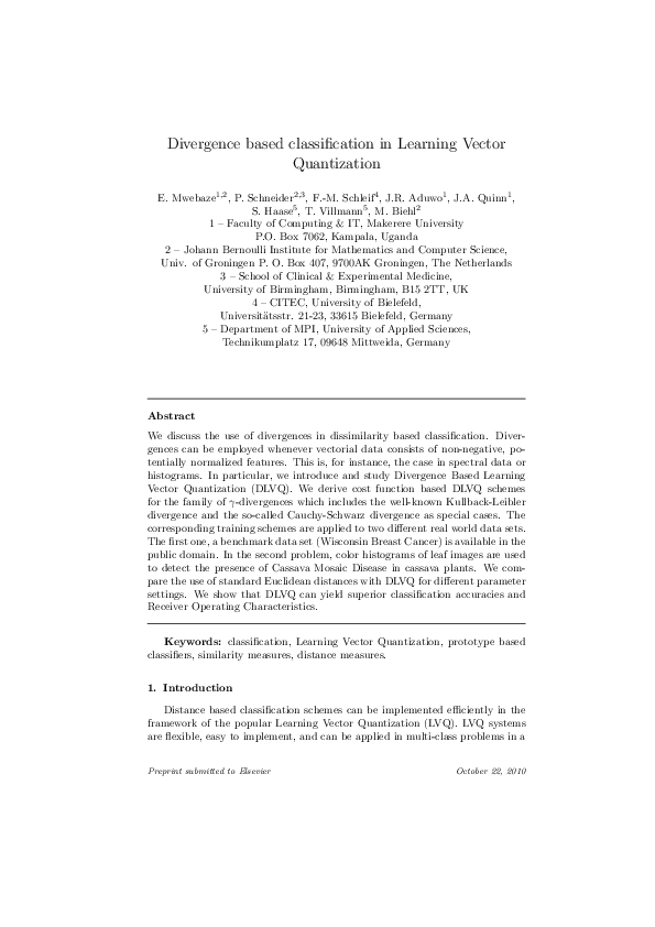 (PDF) Divergence-based classification in learning vector quantization
