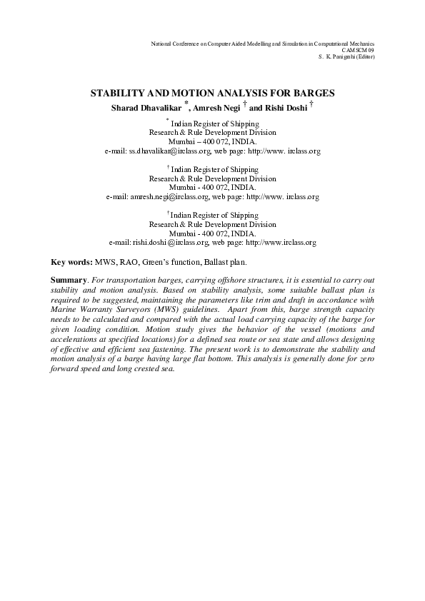 (PDF) Stability and Motion Analysis for Barges