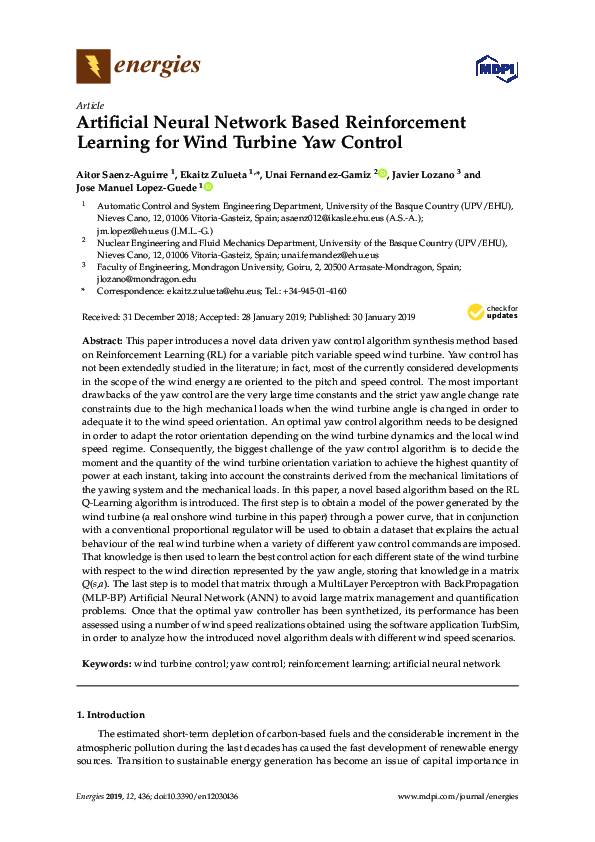 Pdf Artificial Neural Network Based Reinforcement Learning For Wind Turbine Yaw Control 