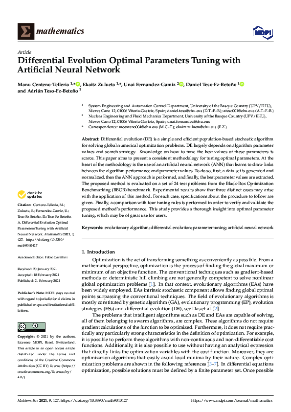 (PDF) Differential Evolution Optimal Parameters Tuning with Artificial Neural Network
