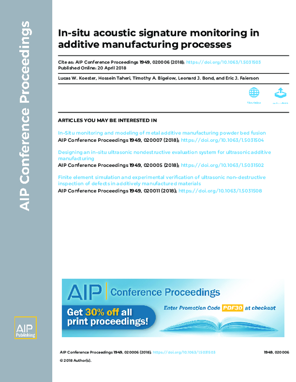 (PDF) In-situ acoustic signature monitoring in additive manufacturing processes