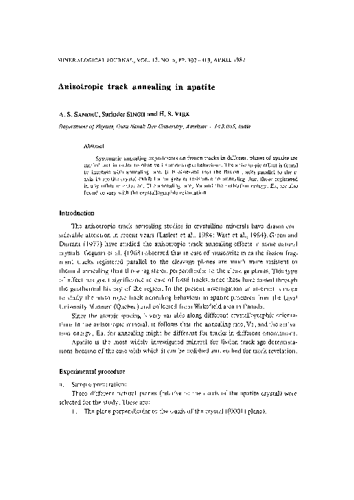 (PDF) Anisotropic Track Annealing in Apatite, Mineral. J. japan 1987 ...