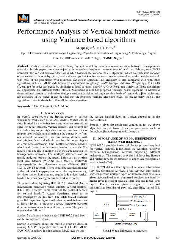 Pdf Performance Analysis Of Vertical Handoff Metrics Using Variance Based Algorithms 5891