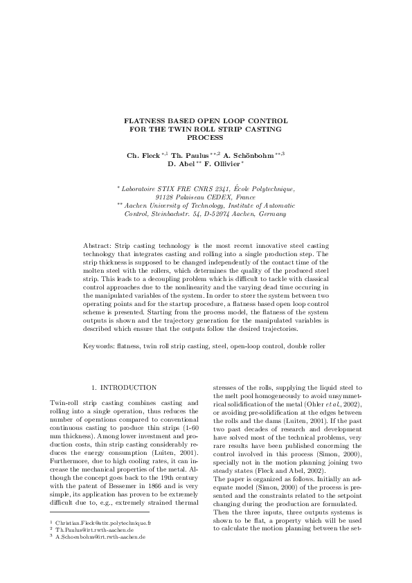 (PDF) Flatness Based Open Loop Control for the Twin Roll Strip Casting Process