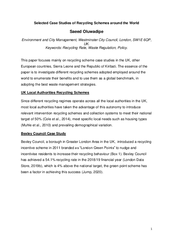 (PDF) Selected Case Studies of Recycling Schemes around the World