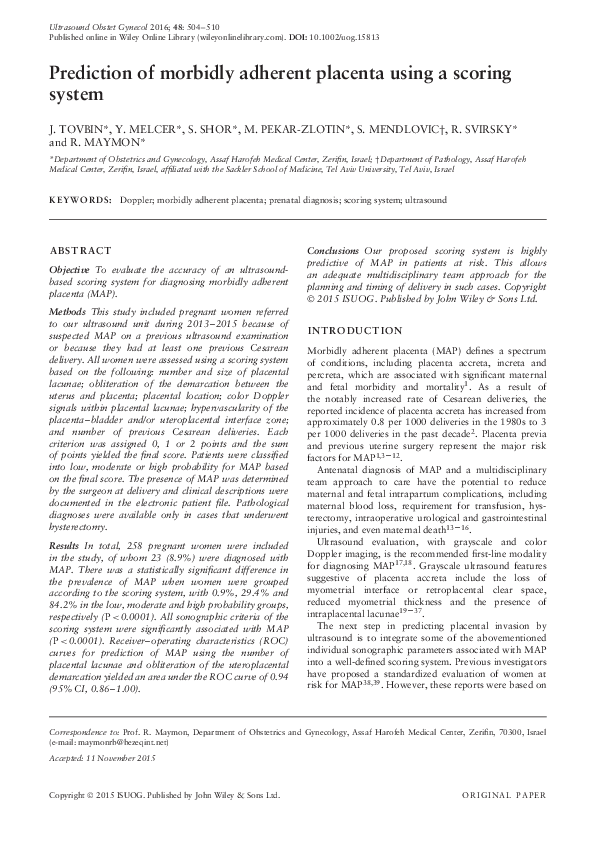 (PDF) Prediction of morbidly adherent placenta using a scoring system