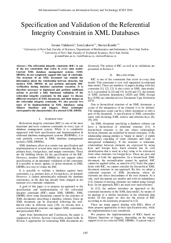 Pdf Specification And Validation Of The Referential Integrity Constraint In Xml Databases