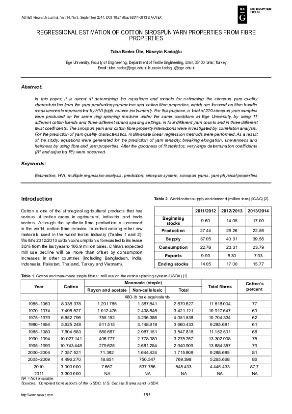 (PDF) Regressional Estimation of Cotton Sirospun Yarn Properties from ...