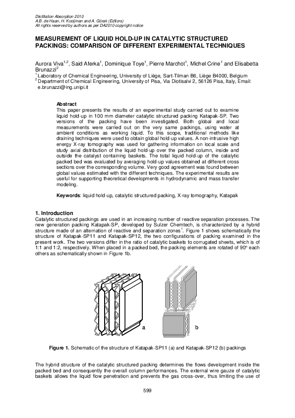 (PDF) Measurement of liquid hold-up in catalytic structured packings ...