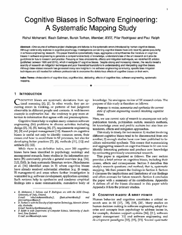 Cognitive Biases in Software Engineering: A Systematic Mapping Study