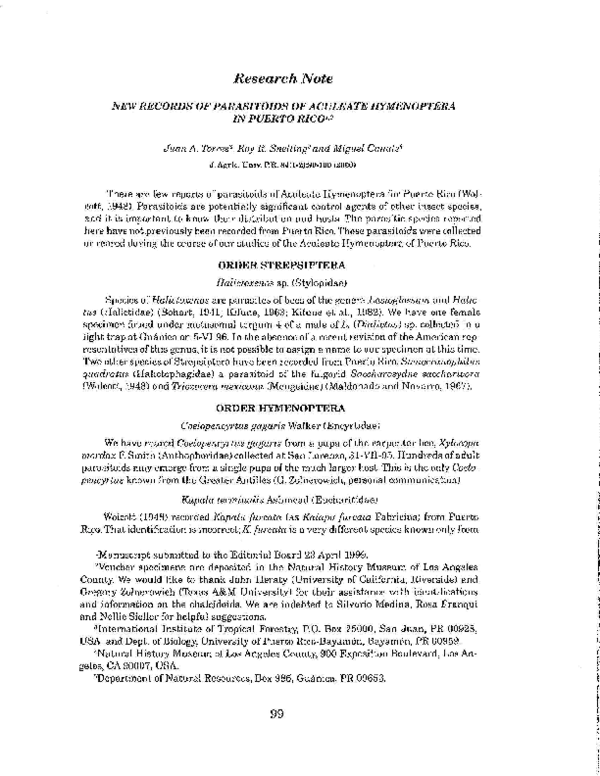 (PDF) New Records of Parasitoids of Aculeate Hymenoptera in Puerto Rico