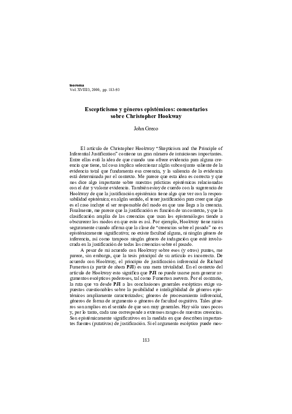 (PDF) Escepticismo y géneros epistémicos: comentarios sobre Christopher ...