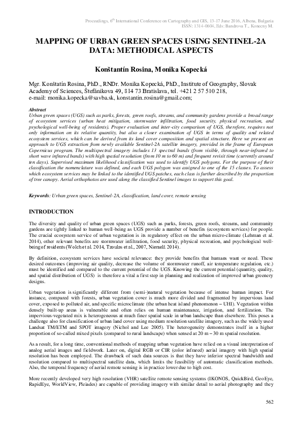 Pdf Mapping Of Urban Green Spaces Using Sentinel 2 A Data Methodical Aspects
