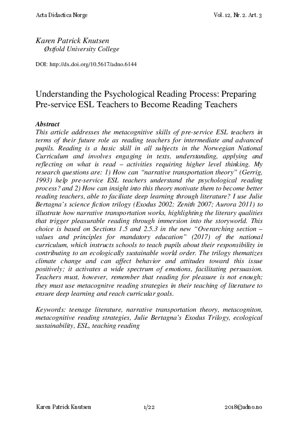 (PDF) Understanding the Psychological Reading Process: Preparing Pre ...
