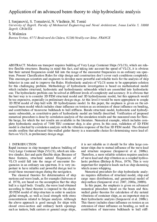 (PDF) Application of an advanced beam theory to ship hydroelastic analysis