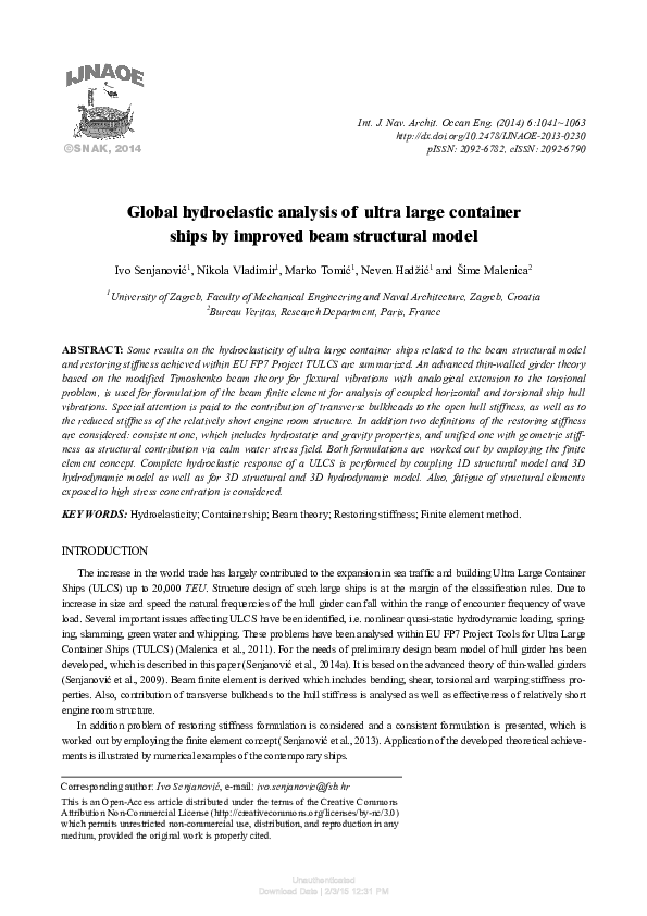 (PDF) Global hydroelastic analysis of ultra large container ships by improved beam structural model