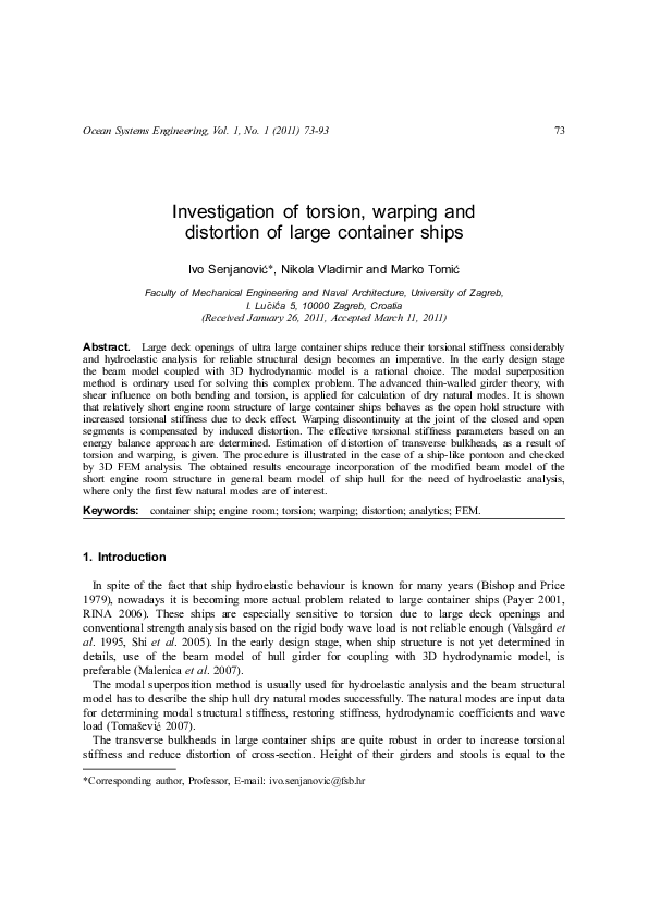 (PDF) Investigation of torsion, warping and distortion of large ...