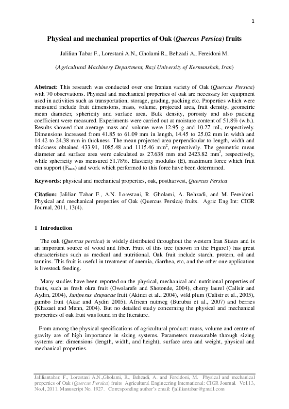 (PDF) Physical and mechanical properties of Oak (Quercus Persica) fruits