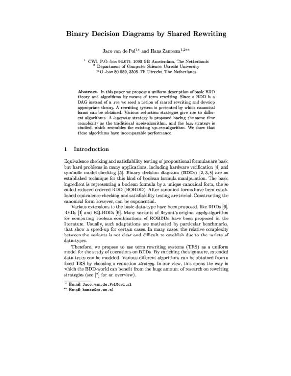 (PDF) Binary Decision Diagrams by Shared Rewriting Jaco van de Pol 1